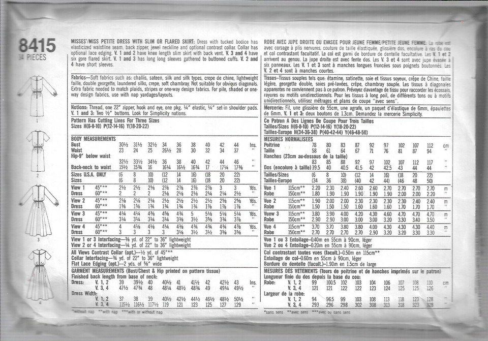 SIMPLICITY 8415 Vintage Sewing Pattern Misses'/Miss Petite Dress with ...