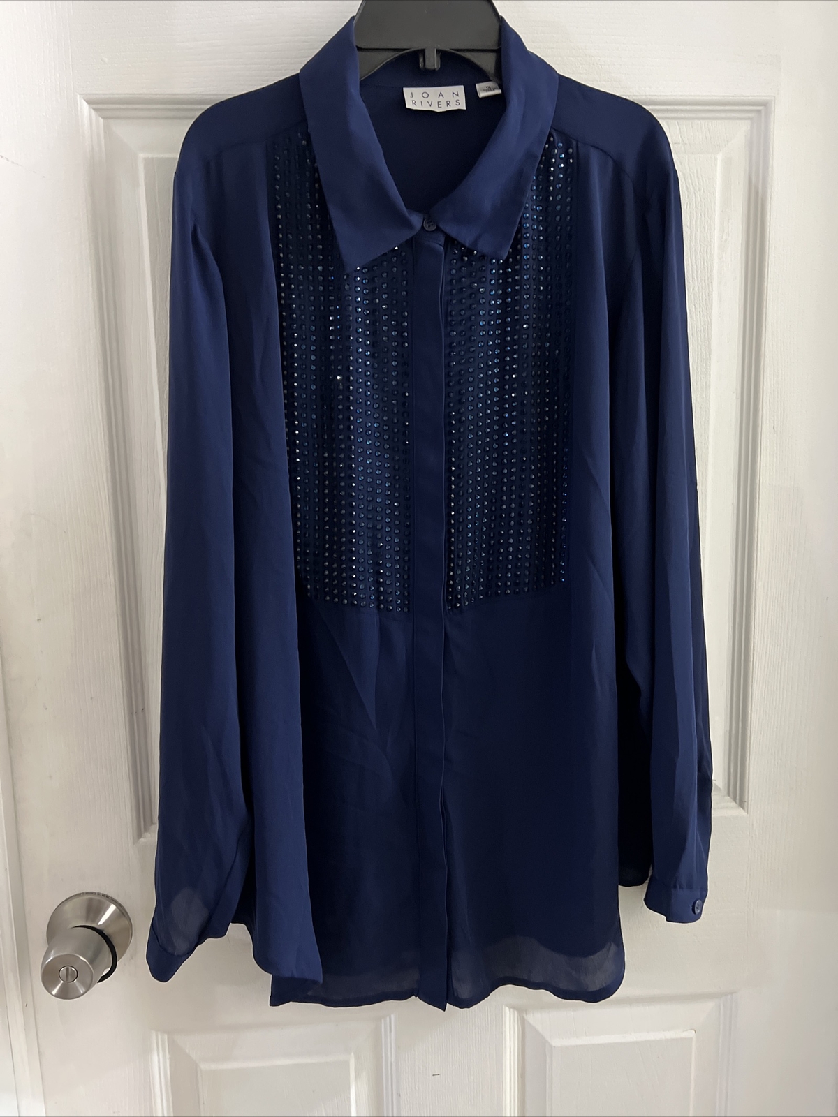 Joan Rivers Button Down Shirt Women’s 1X Blue Crystals Blouse Long ...