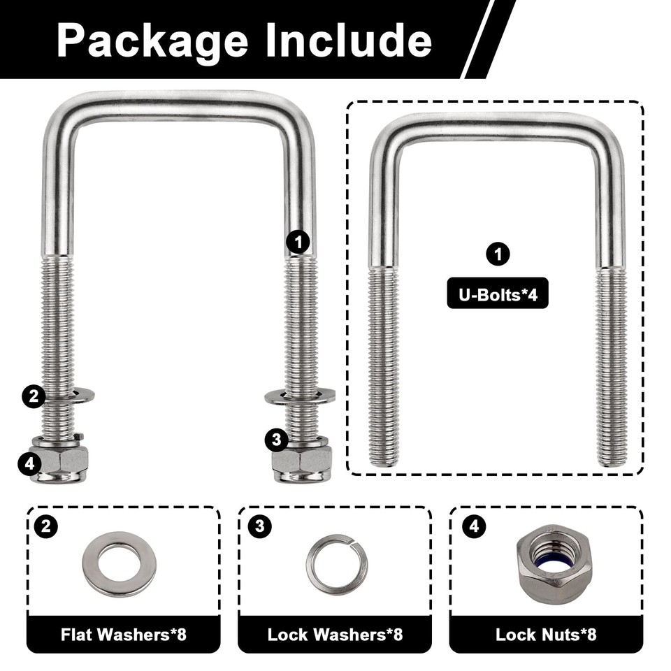 4 Sets 304 Stainless Steel Square U-Bolt Kits Heavy Duty U-Bolt with ...