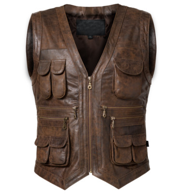 Real Distressed Leather Brown Vintage Leather Commando Vest Hunter Vest ...