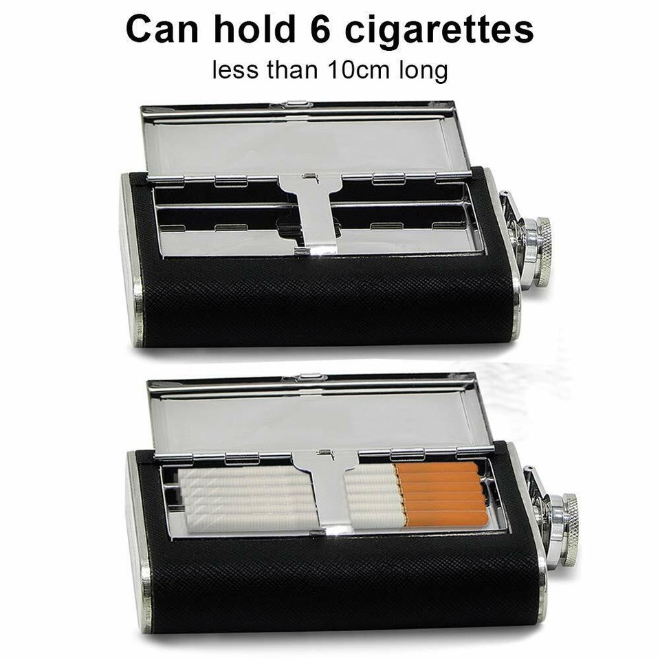 Stainless Steel Pocket Hip Liquor Flask Built in Cigarette Case (Black ...