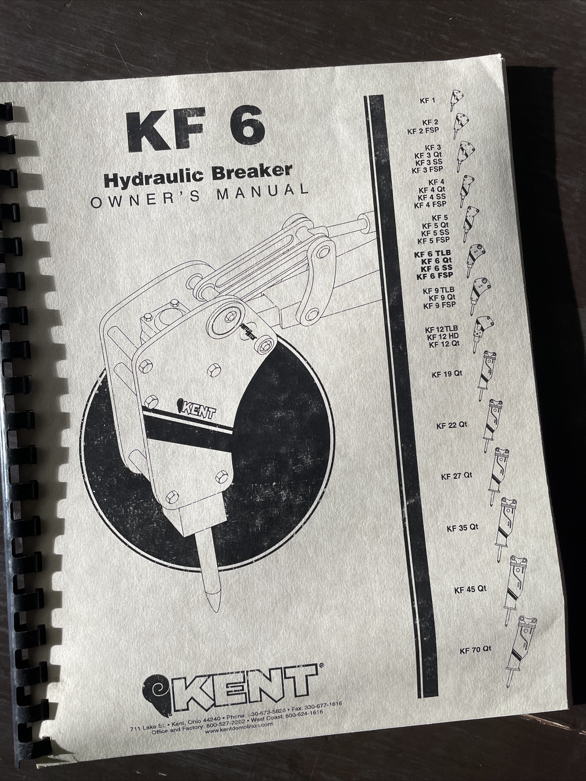 Kent KF6 Hydraulic Breaker Hammer Owner Operator Maintenance Manual ...