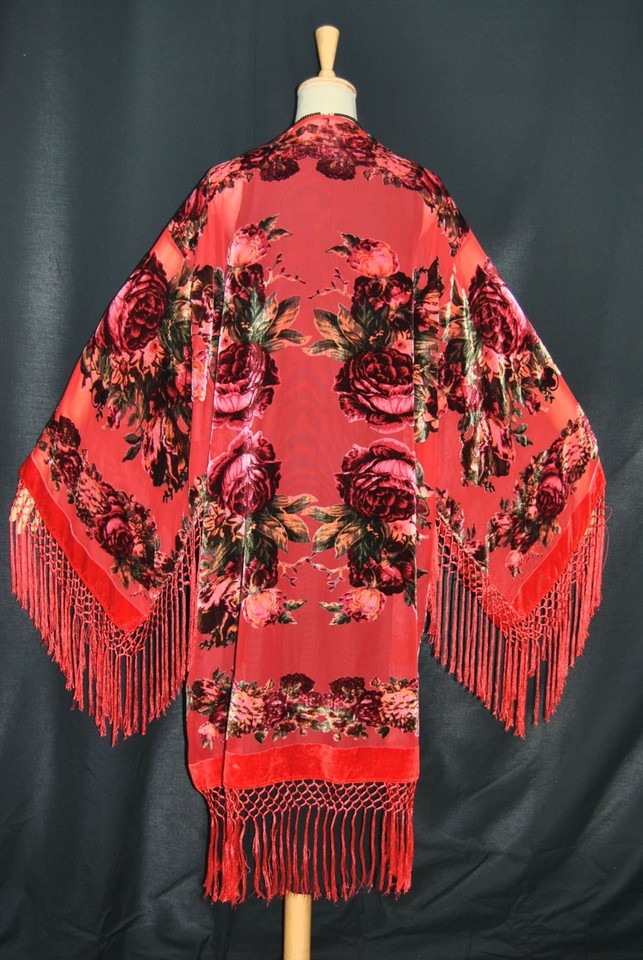 Red Black Color Flower Burnout Velvet Fringe Opera Duster Kimono Jacket ...
