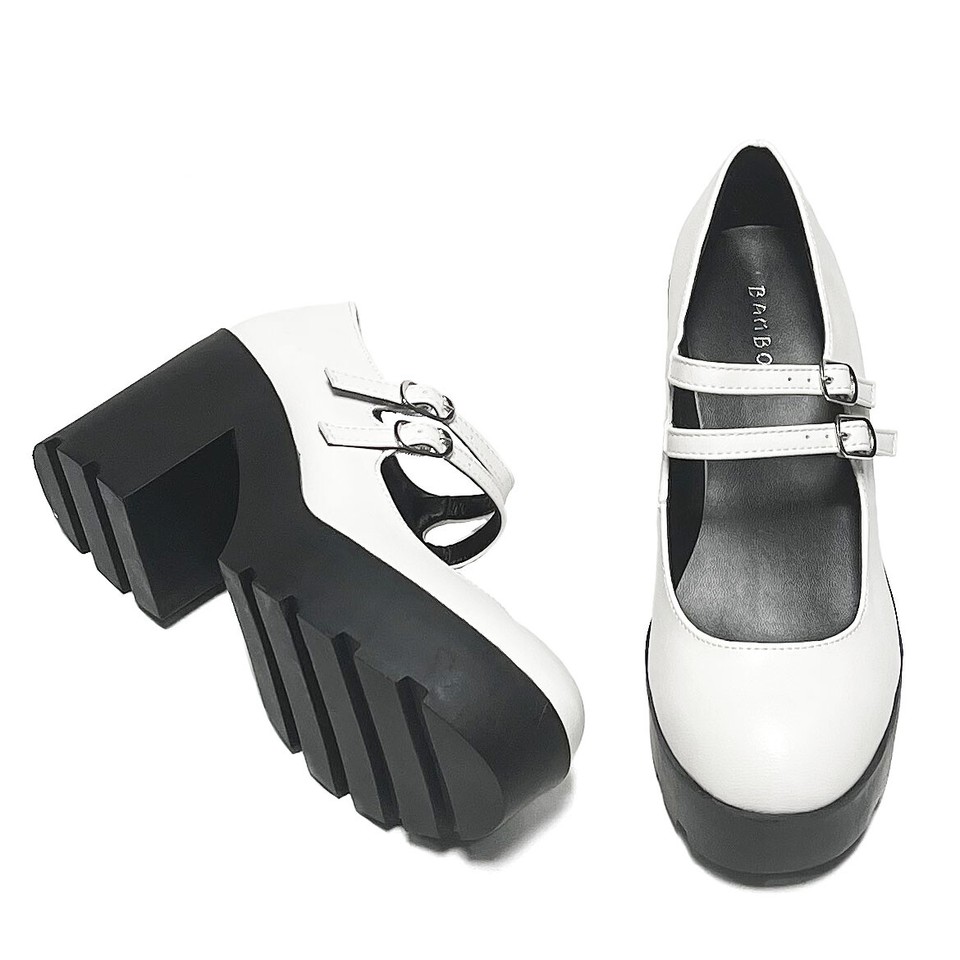 New Women Black White Mary Jane Platform Chunky Heel School Girl Ballet ...