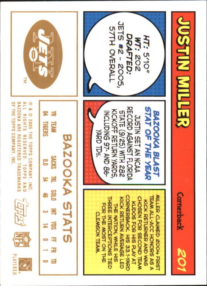 2005 Bazooka Gold New York Jets Football Card #201 Justin Miller | eBay