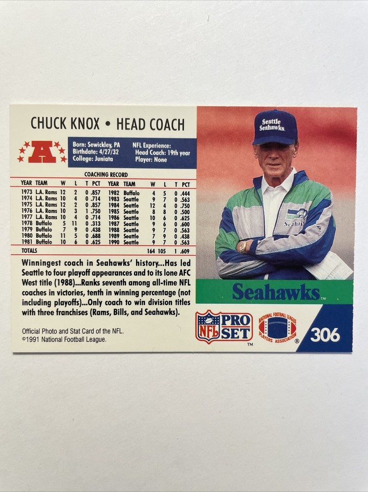 1991 Pro Set #306 CHUCK KNOX Coach Seattle Seahawks NFL Mint | eBay