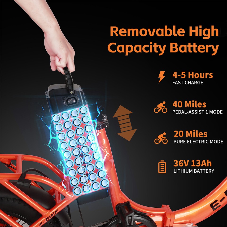 36V Orange E-Bike 16" Electric Bike Fat Tire Folding Bicycle Commuter ...