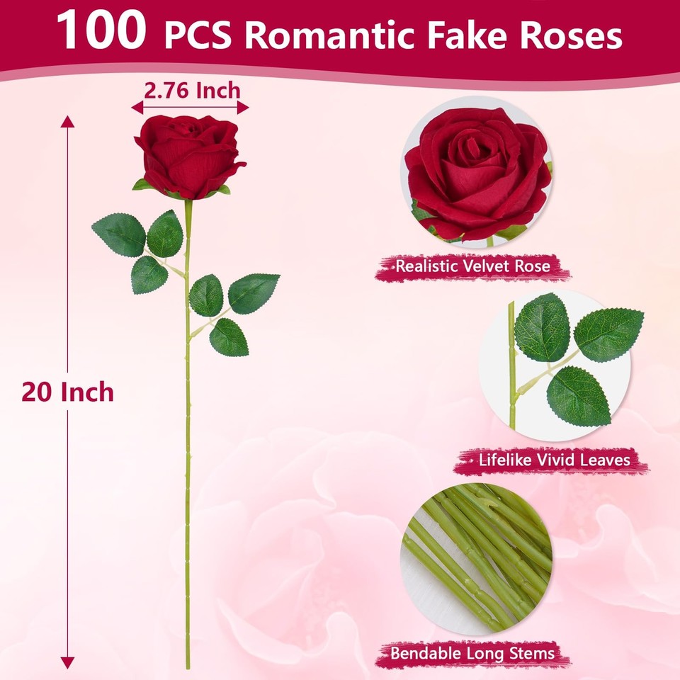 100 Pcs Red Velvet Roses Artificial Flowers, Real Touch, Long Stems ...