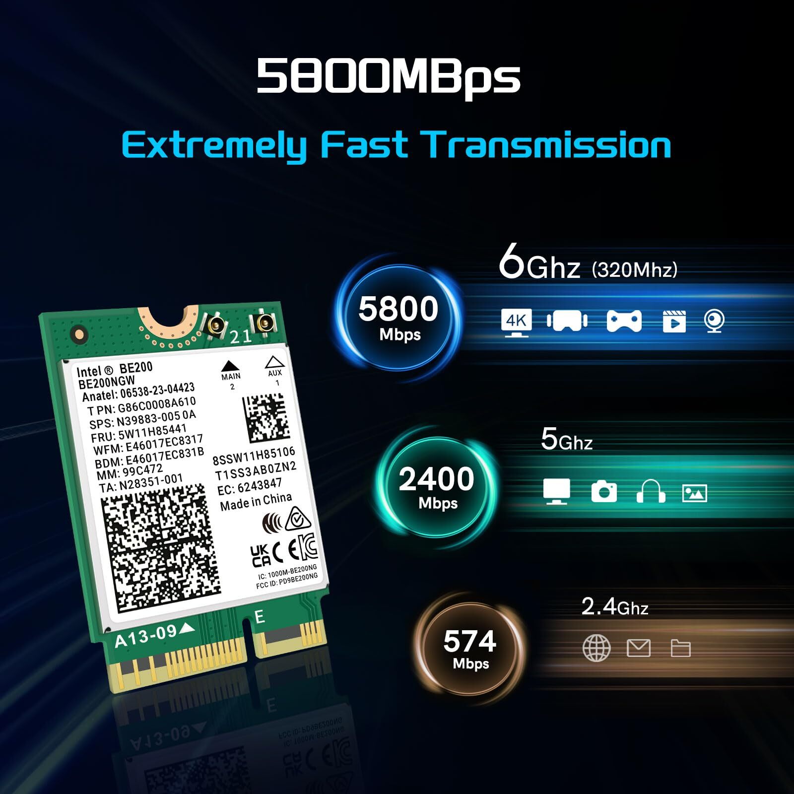 WiFi 7 Wireless Card Intel BE200 with Bluetooth 5.4 5800Mbps M.2/NGFF ...