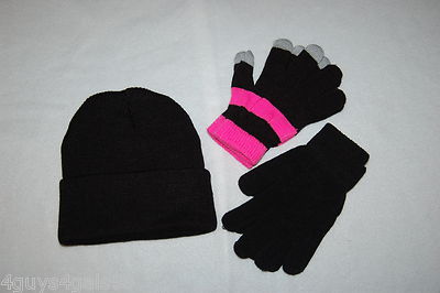 Womens Juniors BLACK KNIT STOCKING HAT Two Pair Stretchy Gloves HOT ...