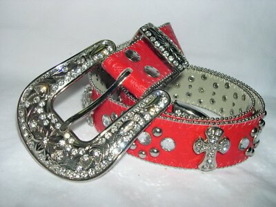 BHW Western Cowgirl Red Leather Cross Crystal Rhinestones Stud Belt ...