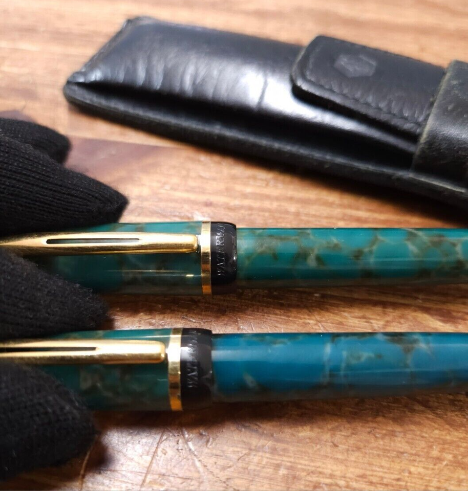 Waterman PHILEAS Green Marble Ballpoint Pen&Fountain pen&Leather case ...