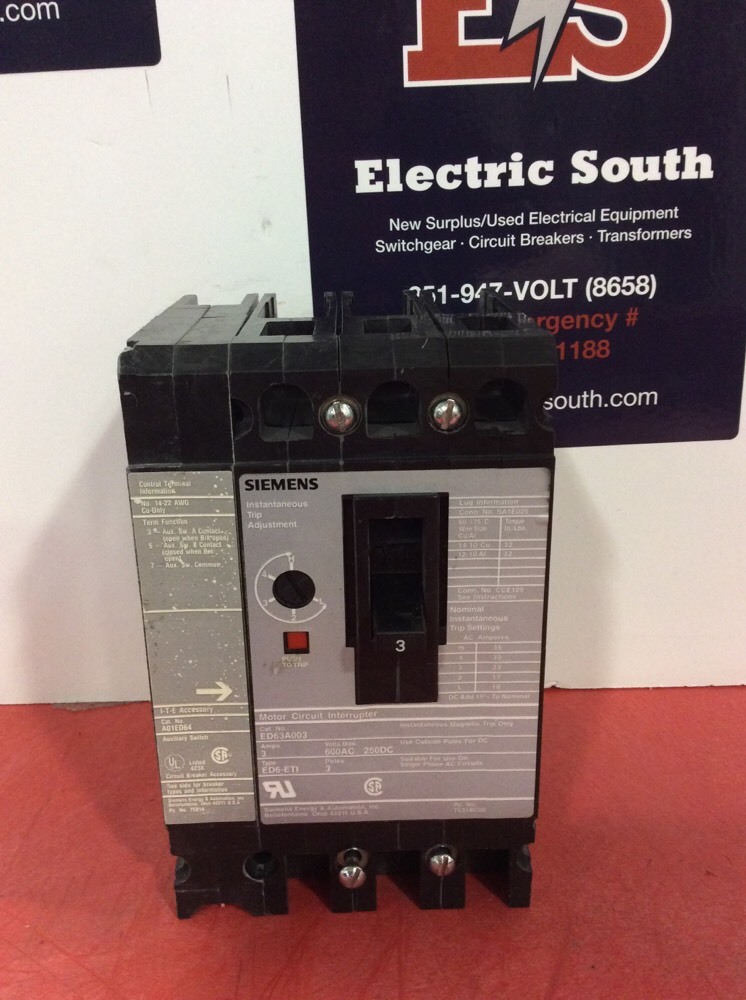 Siemens Circuit Breaker ED63A003 3 Amp 600 Volt 3 Pole A01ED64 | eBay