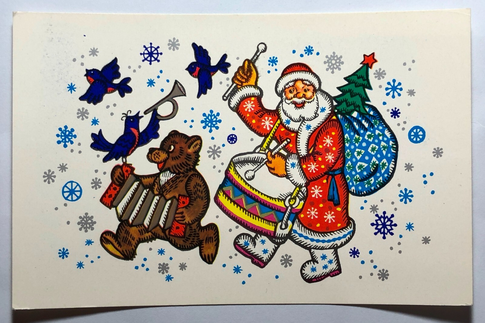 1976 Santa Claus Gift Bag Bear Harmonica Postcard New Year's Greeting ...