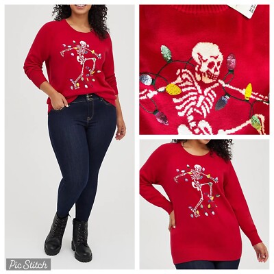 NWT Torrid 0 Skull Skeleton Christmas Lights Red Pullover Sweater, Size ...