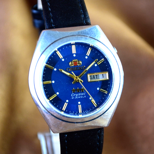 Vintage Watch Orient Crystal 3 AAA Japanese Men's Wrist Watch Blue Dial ...