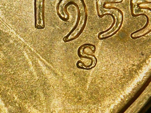 1955-S CENT WITH LARGE DIE GOUGE! Known as the "Slashed S" error GEM BU ...