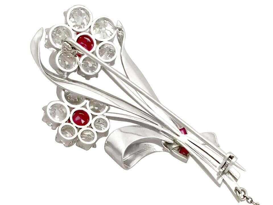 Vintage 8 CT Multi Cut Red Ruby & White CZ Women's Flower Brooch In 935 ...
