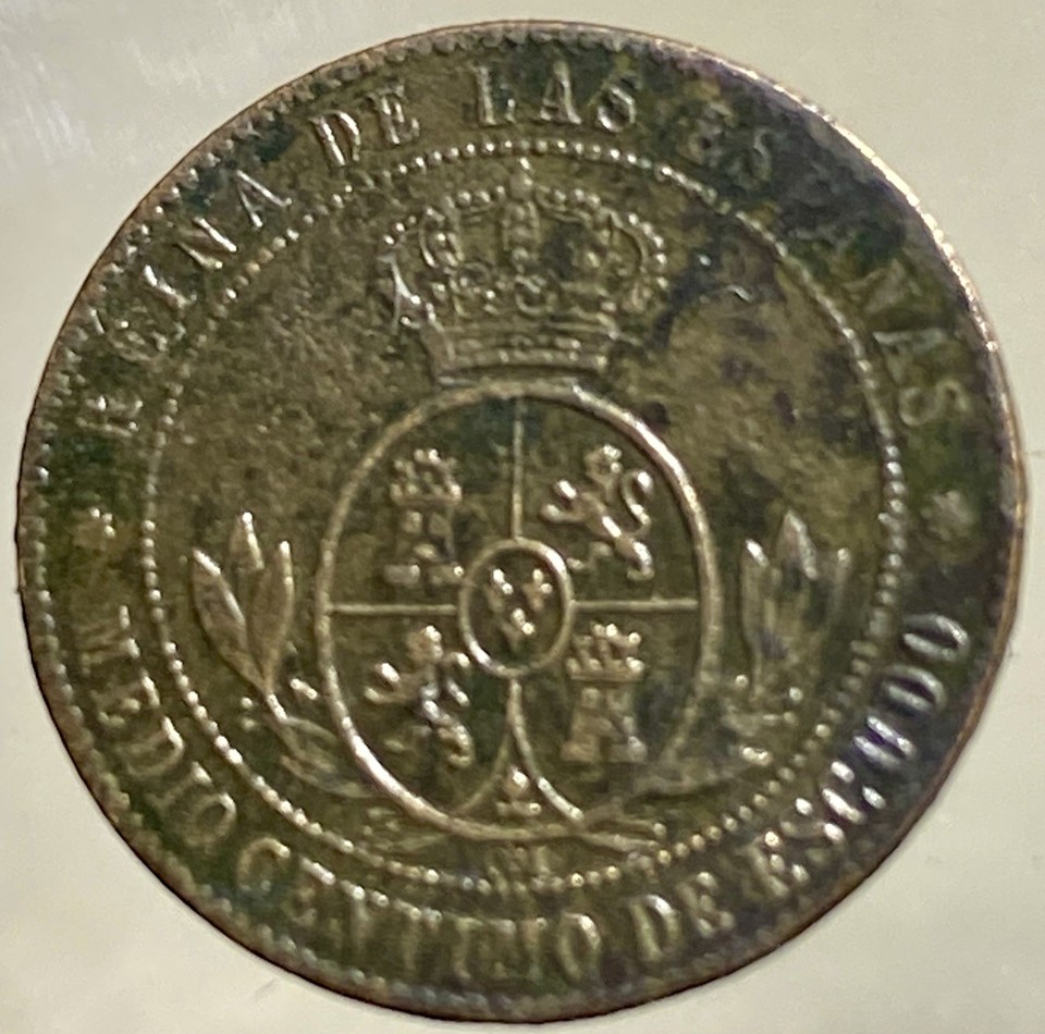 1866 Spanish Coin Queen Isabella II 1/2 Half Escudo Centimo Scarcer ...