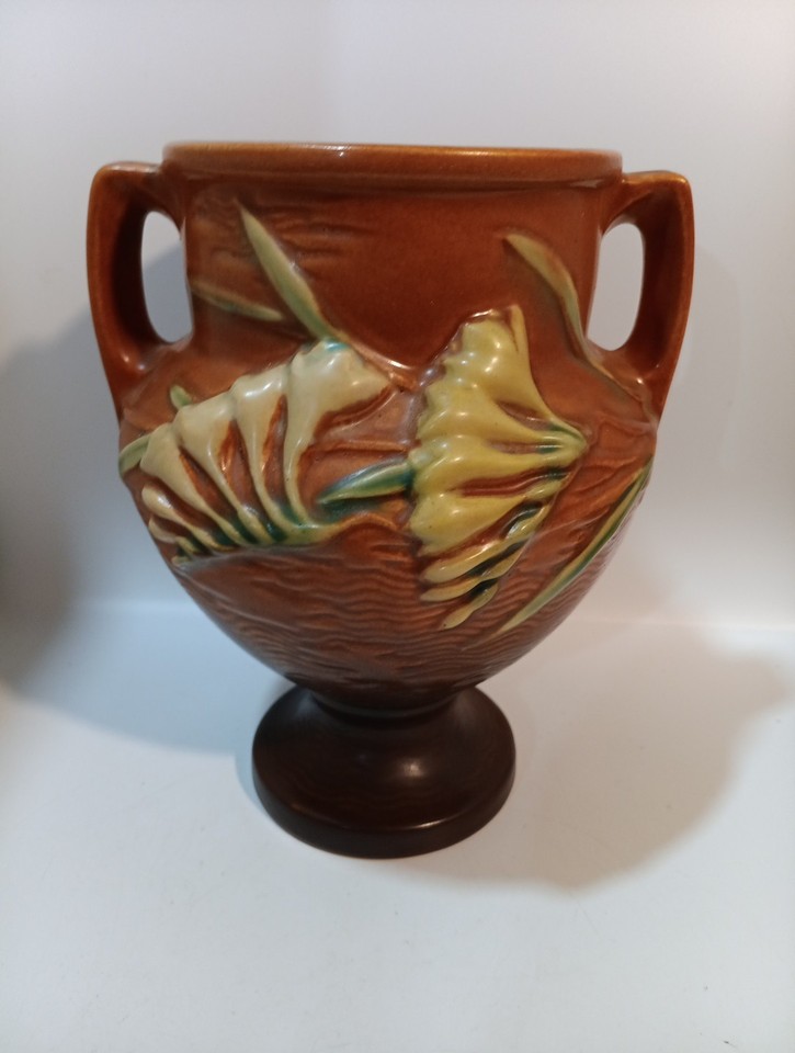 Roseville Art Pottery - 8" Handled Freesia Vase in Tangerine - 196-8 ...