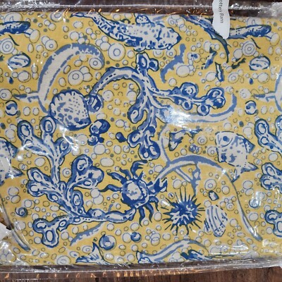 Pottery Barn La Mer Block Print Cotton Tablecloth Blue/Yellow 71x106 ...