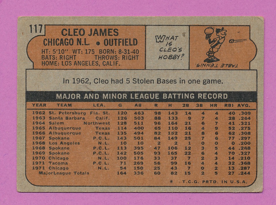 GREEN UNDER CUBS VARIATION CLEO JAMES 1972 TOPPS 117 117G TEAM NAME ...