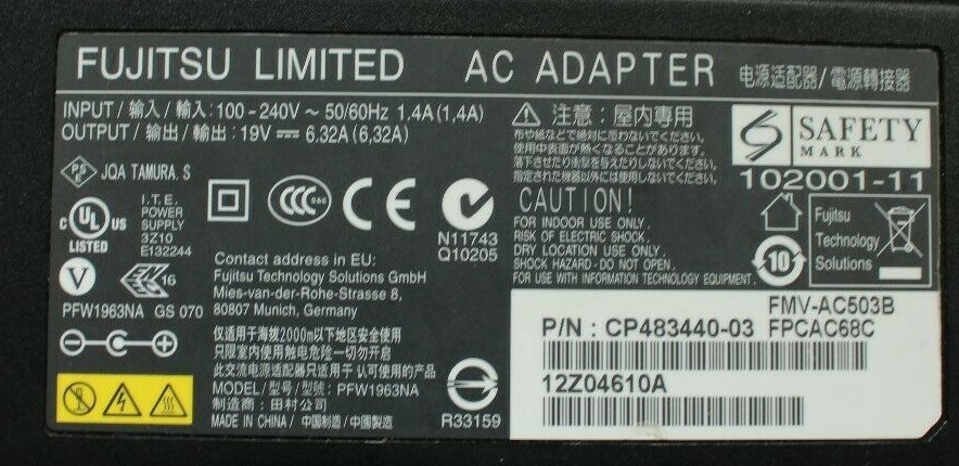 Original Fujitsu Limited AC Adapter PFW1963NA Netzteil 19V - 6.32A ...