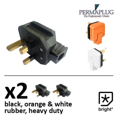 2 x 13 Amp Permaplug Hard Rubber Plug 13A Heavy Duty 3pin Black Orange ...