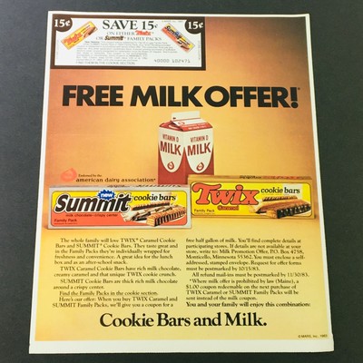 VTG Retro 1983 Twix Caramel Cookie & Summit Cookie Bars FREE Milk Ad ...
