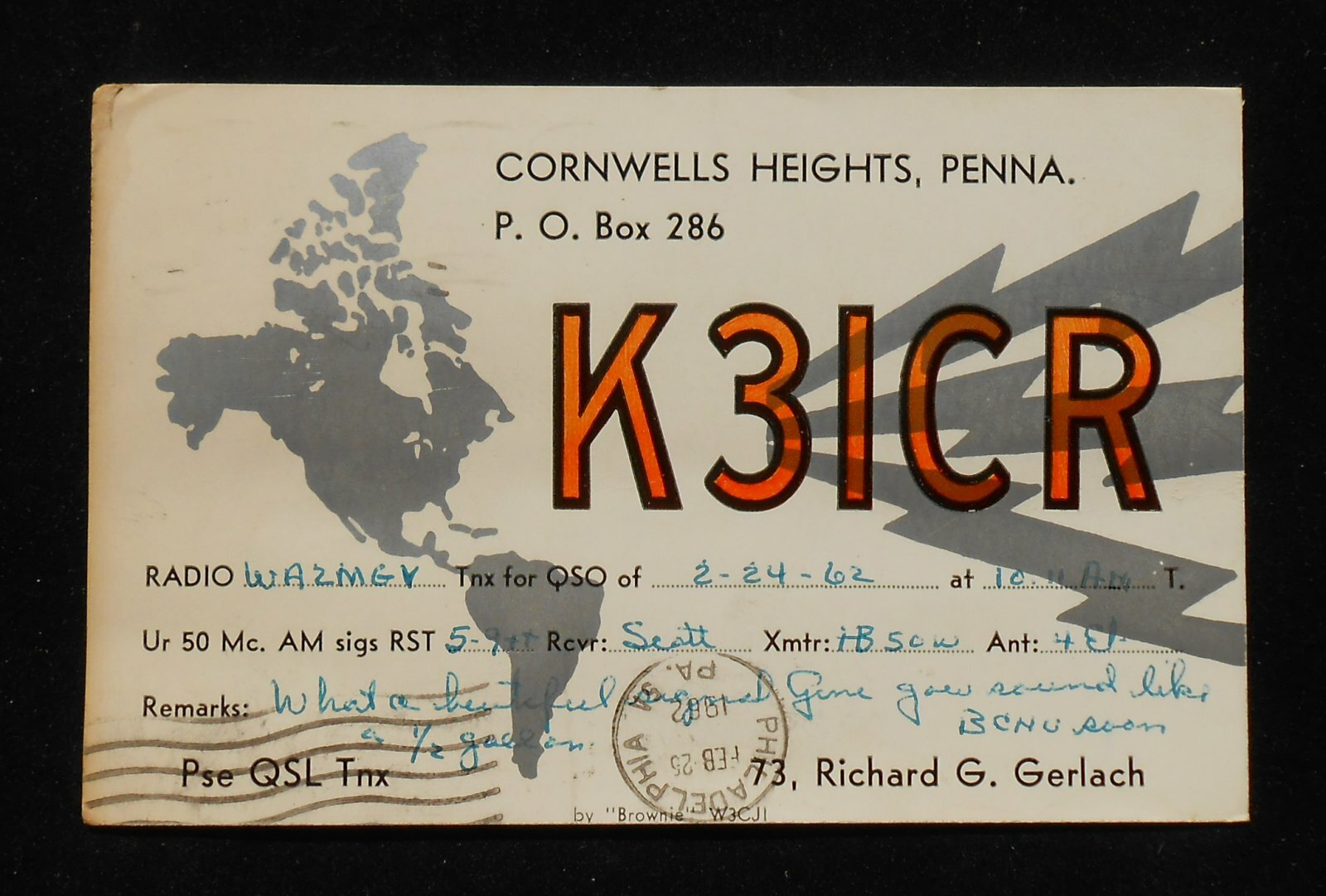 1962 QSL Card Short Wave Radio K3ICR Richard G. Gerlach Cornwells ...