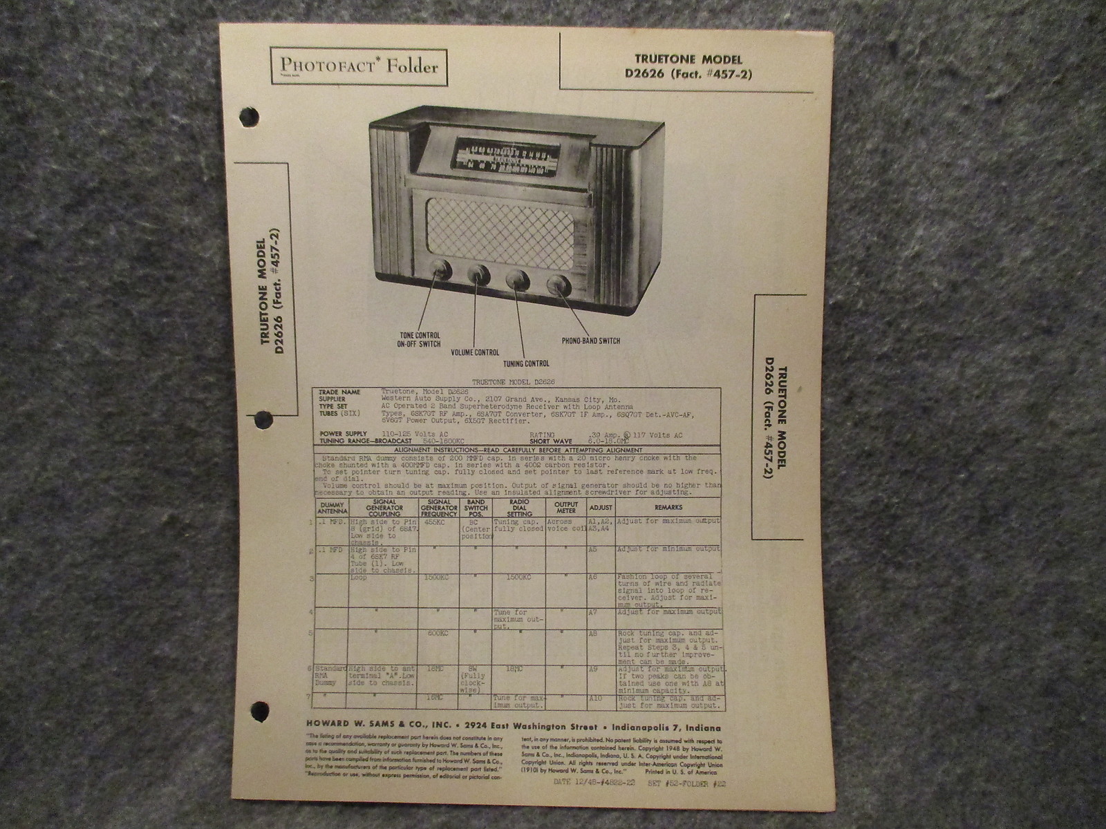 Sams Photofact Folder #22 Set #52 Truetone Model D2626 (Factory #457-2 ...