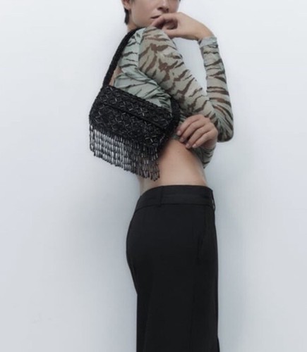 Zara Womens Fringe Black Beaded Embellished Shoulder Bag | eBay