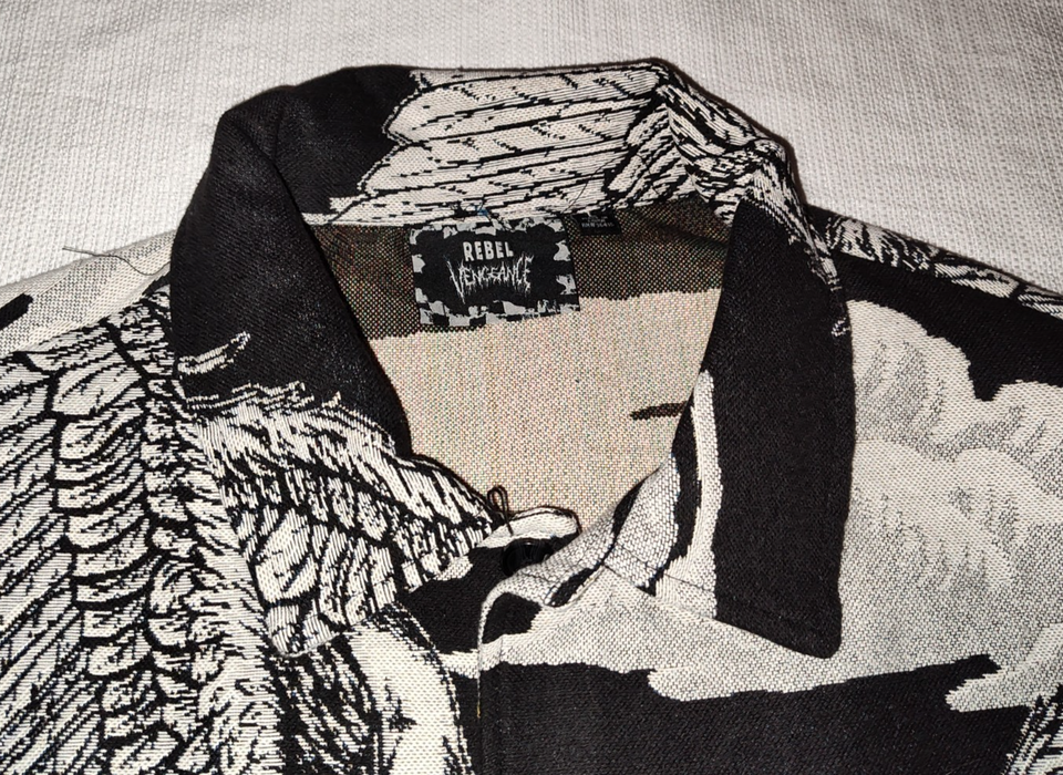 NEW Rebel Vengeance Flying Skulls Black White Woven Tapestry Jacket ...