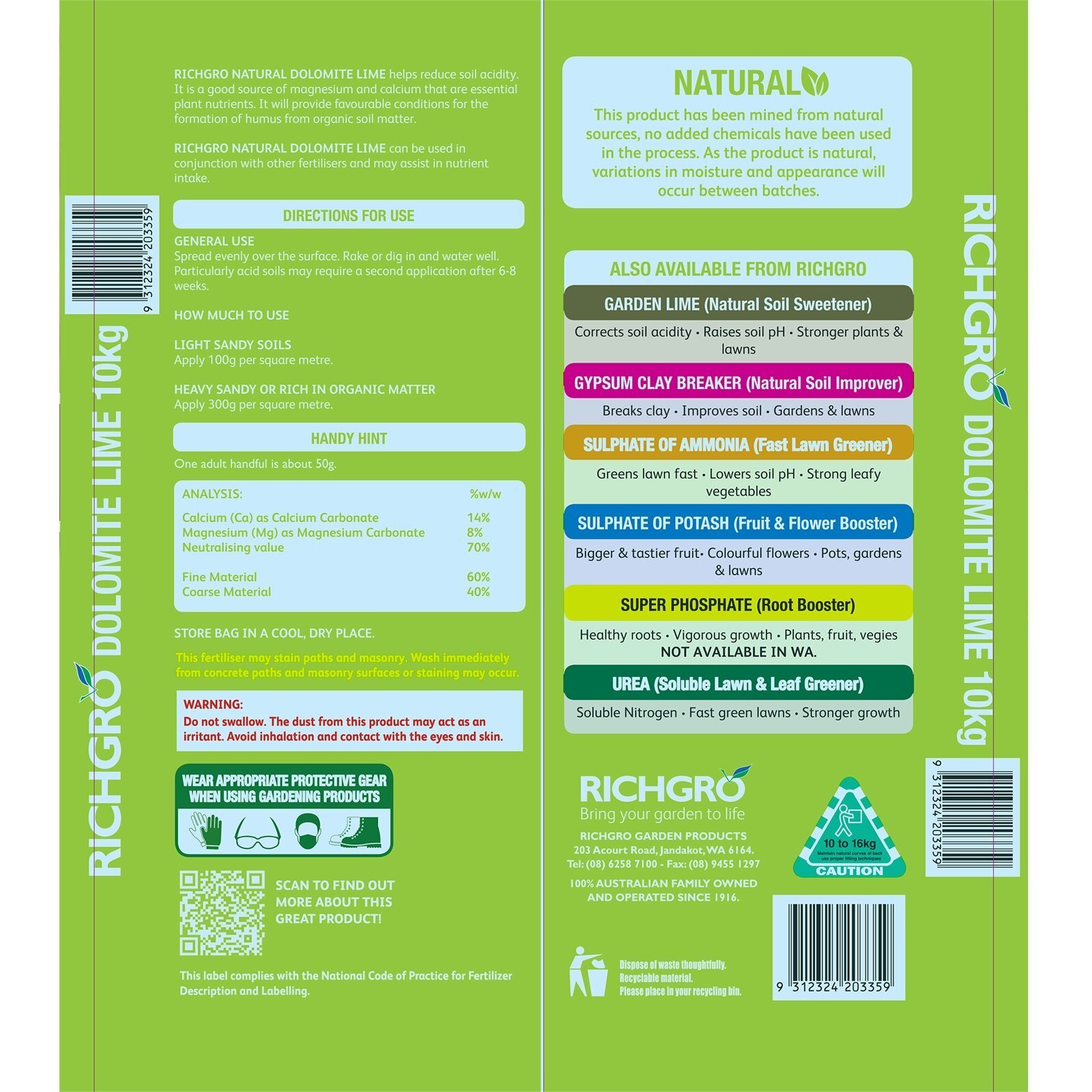 Richgro 10kg Natural Dolomite Lime Reduces Soil Acidity Natural ...