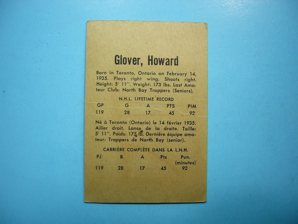 1962/63 PARKHURST NHL HOCKEY CARD #28 HOWIE GLOVER VG NICE!! 62/63 ...
