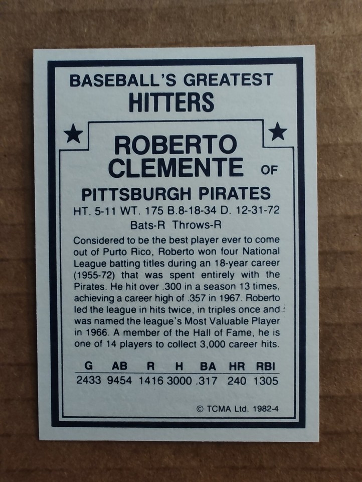 ROBERTO CLEMENTE Pittsburgh PIRATES 1982 TCMA Baseball's Greatest ...