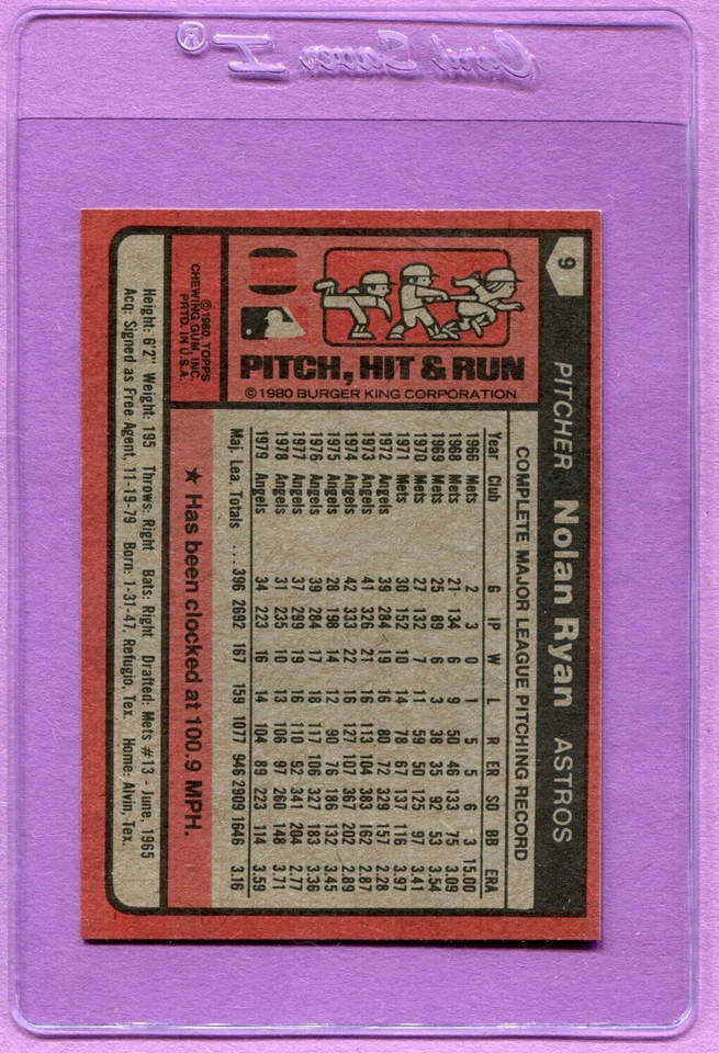1980 Topps Burger King Nolan Ryan #9 NM/MT+ | eBay