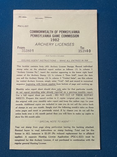 1982 Pennsylvania Archery Licenses (Stamps) Unissued On Dealers Card ...