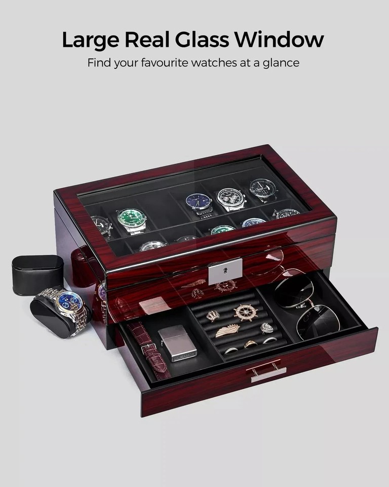 Watch Box 12 Slot Cases for Men with Large Lid Jewelry Storage 2-Tier ...