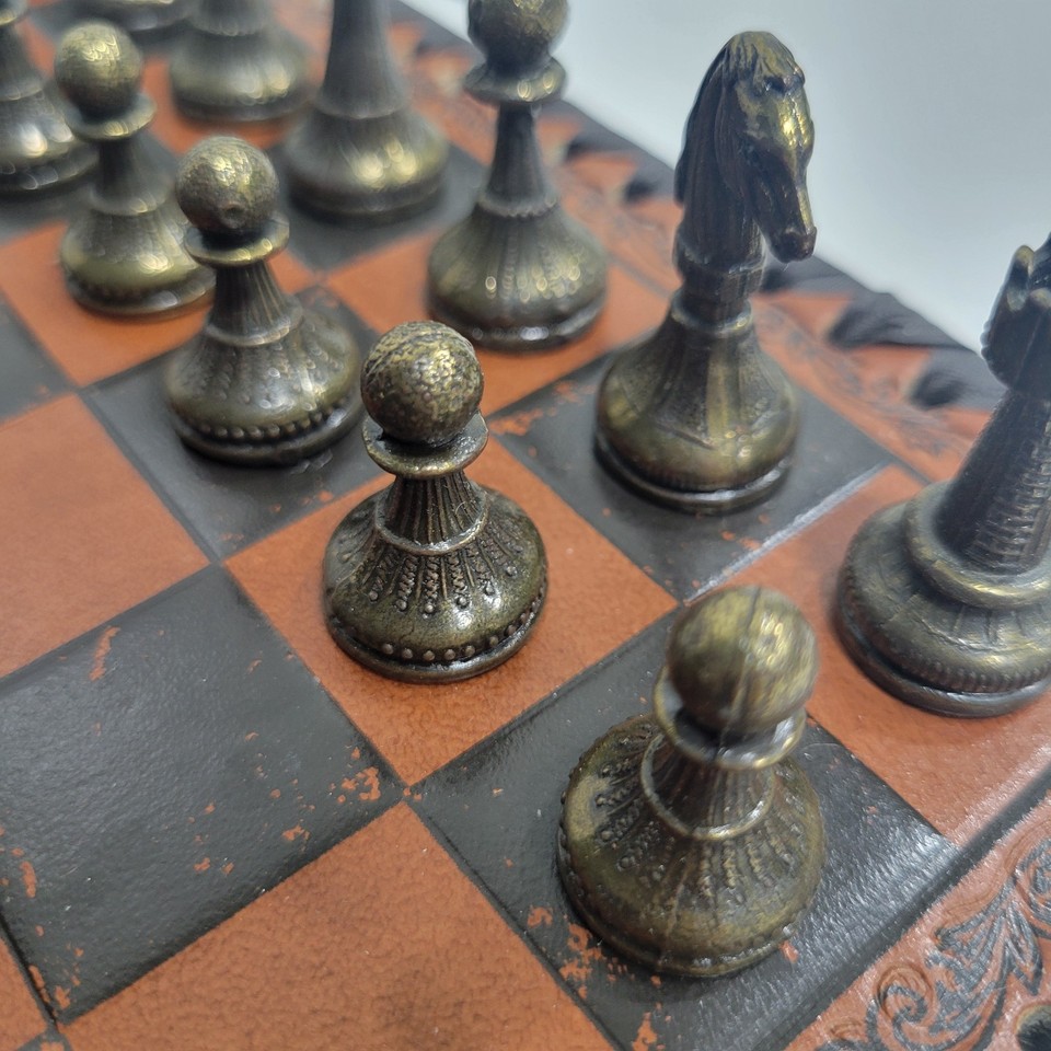 Vintage Italfama Brass Chess & Checkers Set MADE IN ITALY With Leather ...