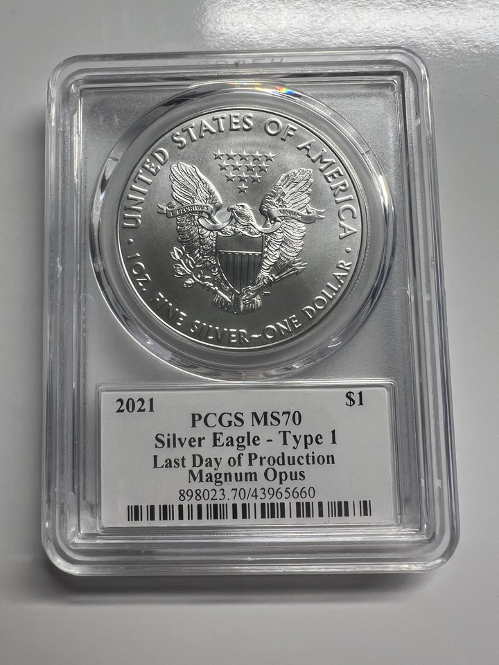 2021 Silver American Eagle $1 Type 1 PCGS MS70 LDOP Magnum Opus label ...