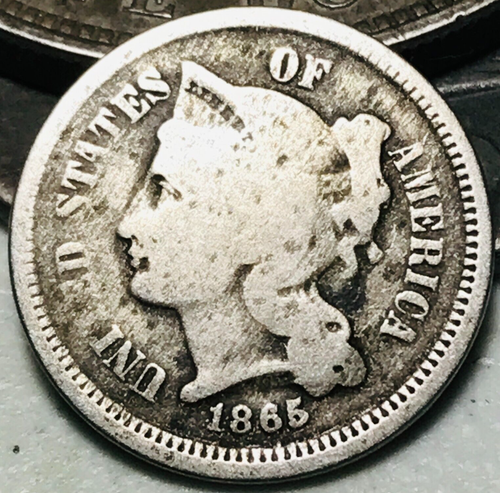 1865 Three Cent Nickel Piece 3C Circulated Civil War Date US Type Coin ...