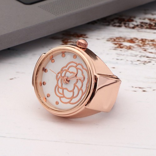 Finger Ring Watch Round Dial Rose Flower Pattern Women Finger Quartz ...