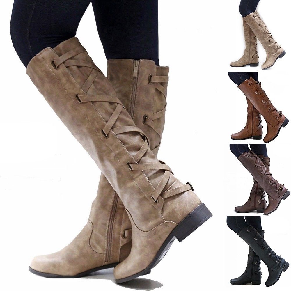 Low Women Flat Heel Knee High Ladies Leg Calf Boots Motorcycle Punk ...