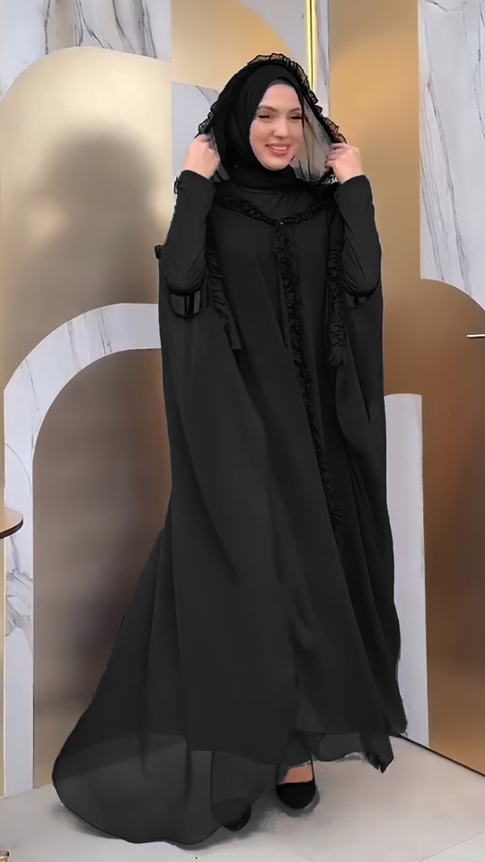 Abaya Women Chiffon Hooded Kaftan Long Dress Set Muslim Burqa Evening ...