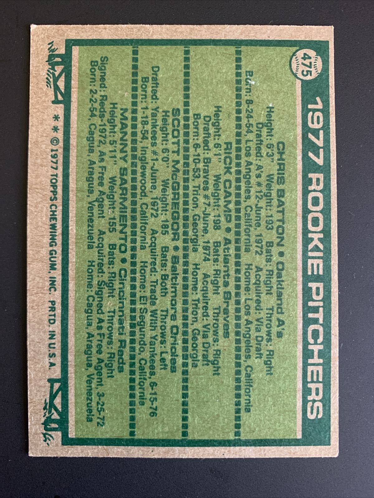 1977 Topps Rookie Pitchers #475 Chris Batton/Rick Camp/Scott McGregor ...