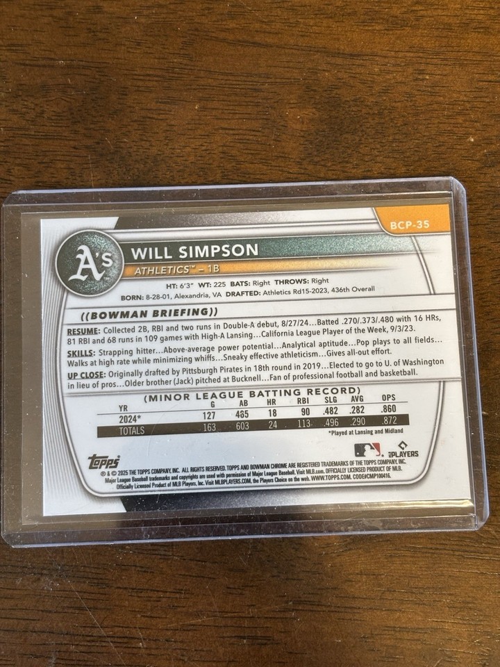 2025 Bowman Chrome Baseball Will Simpson Bowman 1st Reptilian BCP-35 ...