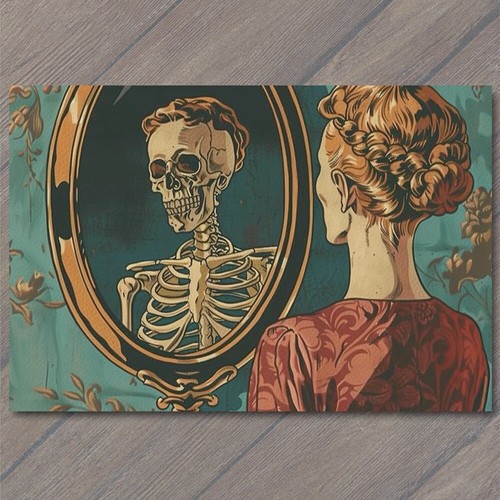 POSTCARD Woman Mirror Old Age Skeleton Skull Masks Weird Creepy Strange ...