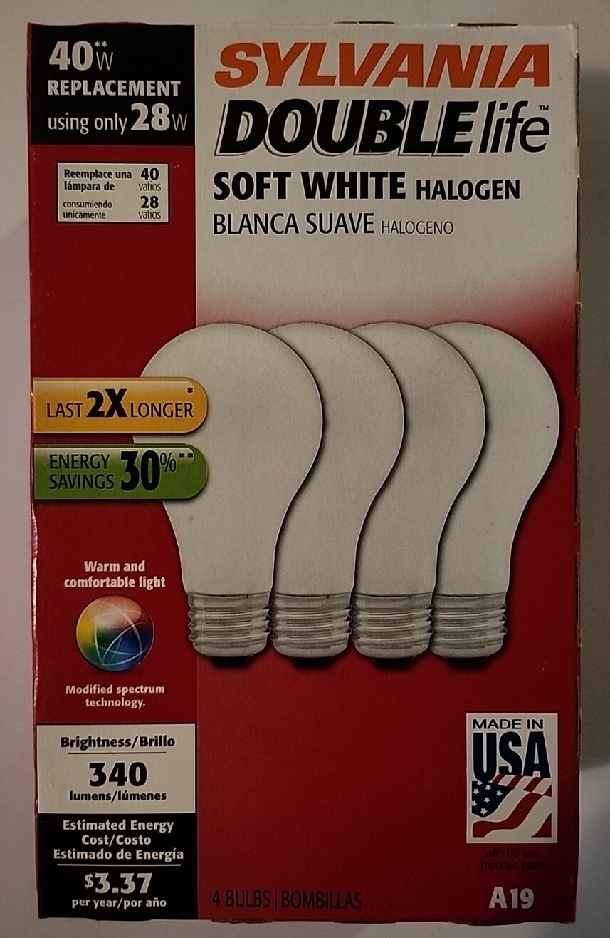 SYLVANIA Double Life Tungsten Halogen Lamp A19 28 Watts 120 Volts ...