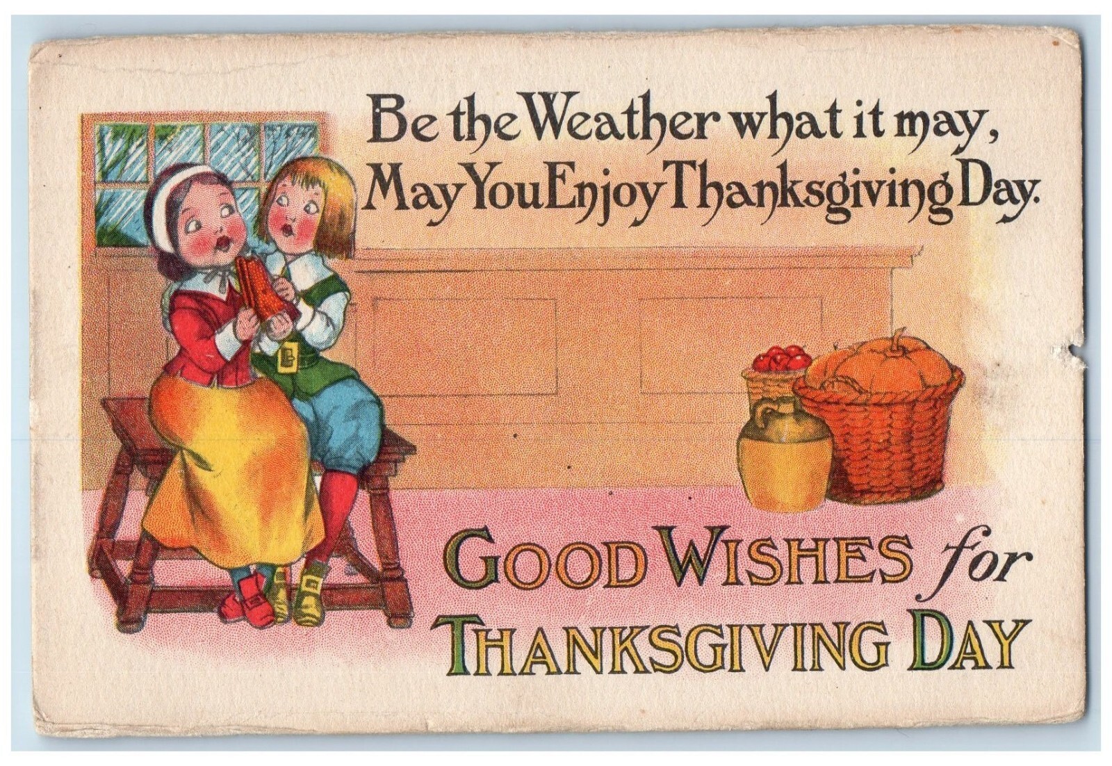 c1910's Thanksgiving Day Girls Cold Weather Basket With Pumpkin Fruits ...